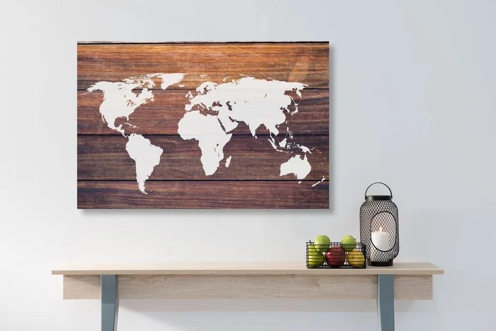Obraz mapa světa s dřevěným pozadím - 60x40 cm