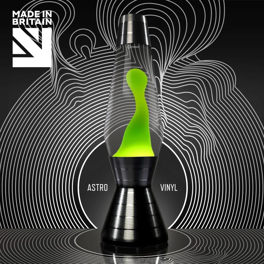 Mathmos Astro Vinyl, originální lávová lampa s čirou tekutinou a zelenou lávou, 43cm