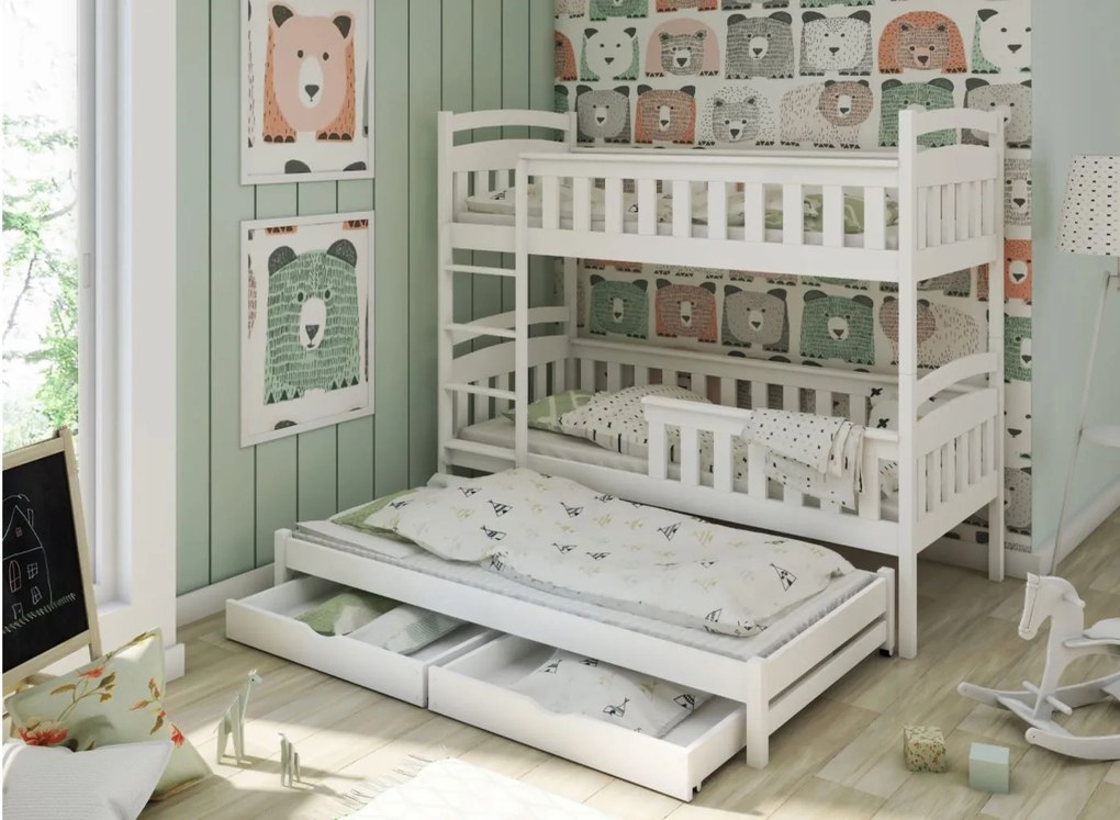 MAXMAX Dětská patrová postel z masivu borovice HERMIONA s přistýlkou a šuplíky - 200x90 cm - bílá