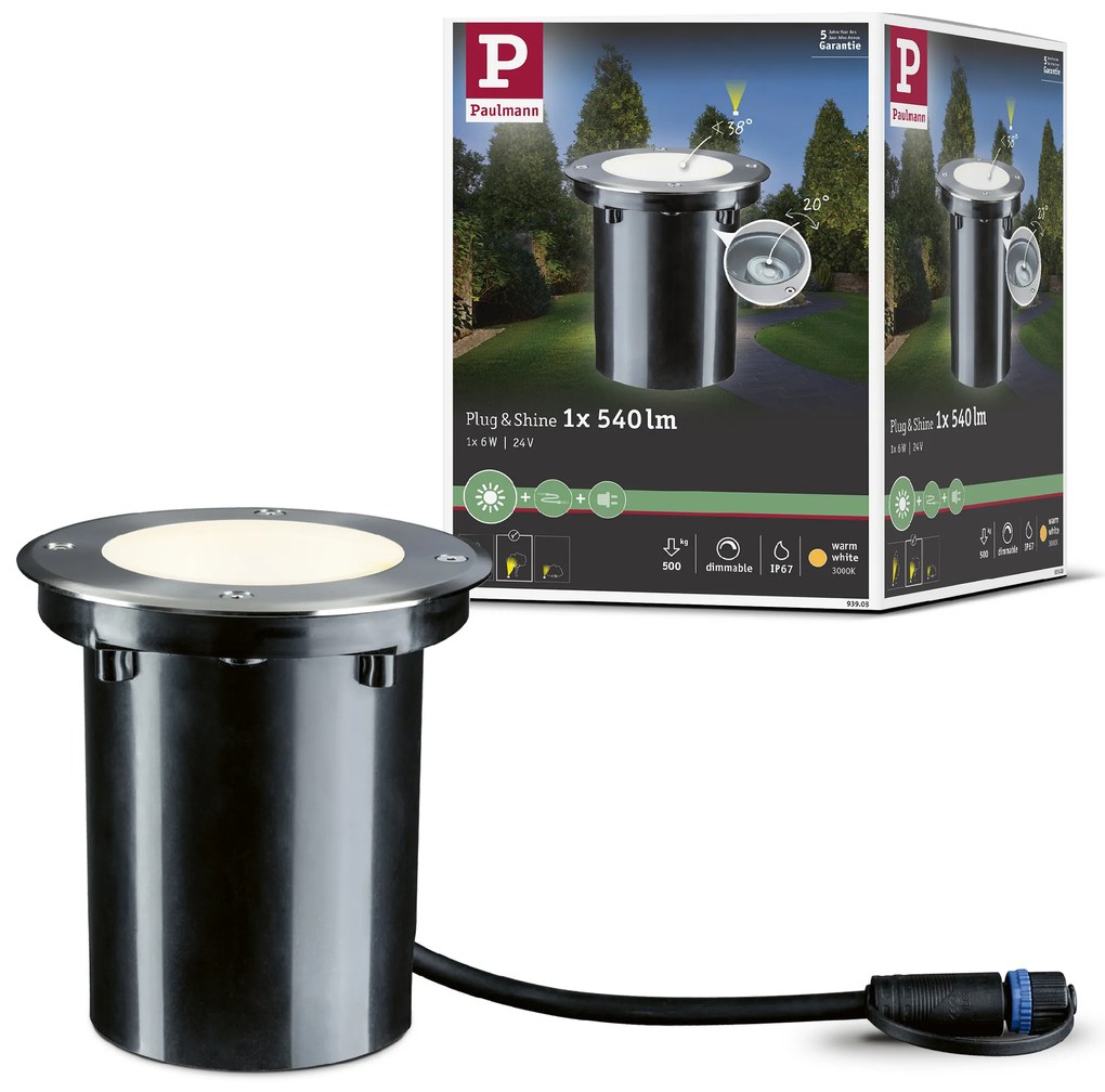 Paulmann 93908 Plug&Shine RL, zápustné svítidlo s nastavitelným směrem svícení 6W LED 3000K, nerez, prům. 14cm, IP67