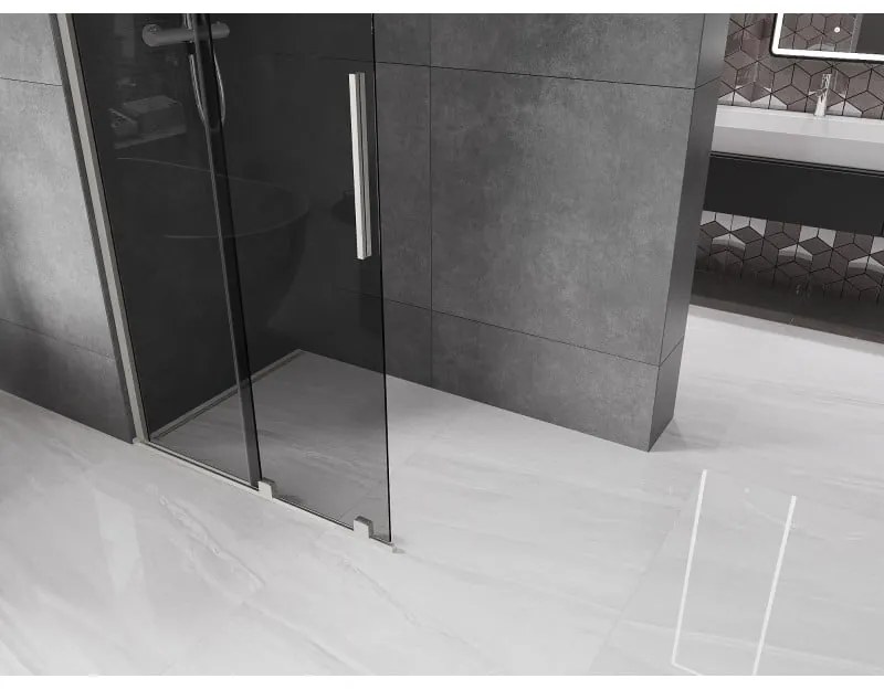 Mexen Velar, sprchová zástěna s posuvnými dveřmi Walk-in 110 x 200 cm, 8mm šedé sklo, broušená ocel, 871-110-000-43-97