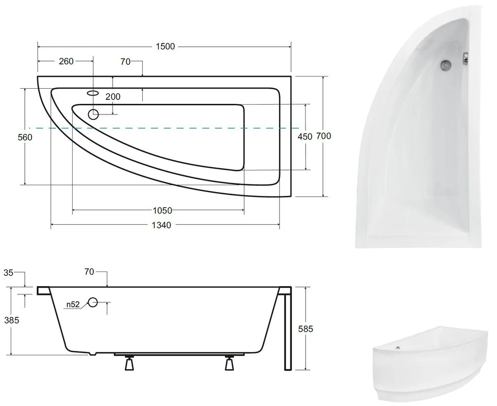 BESCO Asymetrická vana FONDI Nožičky k vaně - Bez nožiček, Rozměr vany - 150 × 70 cm, Způsob provedení - Levé - OLVFON15L