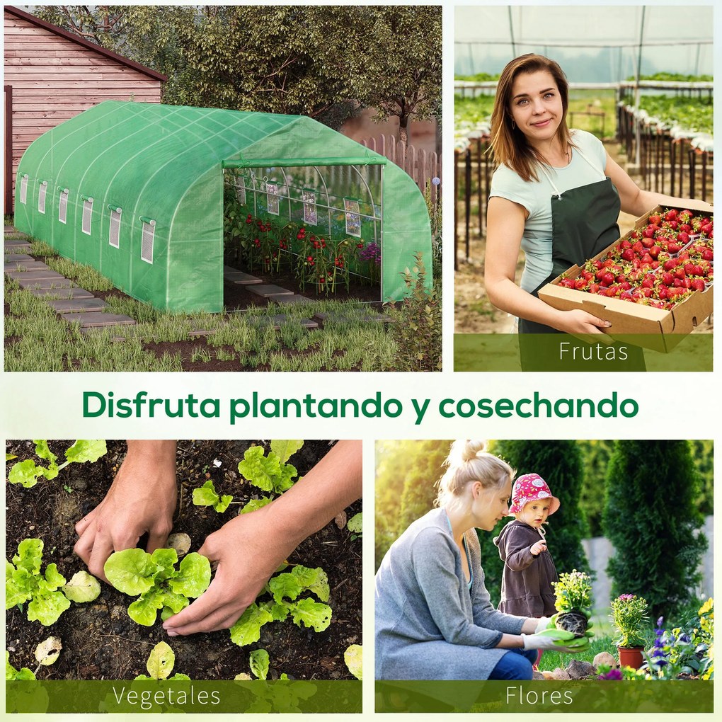 Outsunny Zahradní Greenhouse Tunel 8x3x2 m se 12 Okny a Rolovacím Dveřmi pro Pěstování Rostlin Rajčat a Zeleniny - Ocel a PE 140 g/m² Zelená