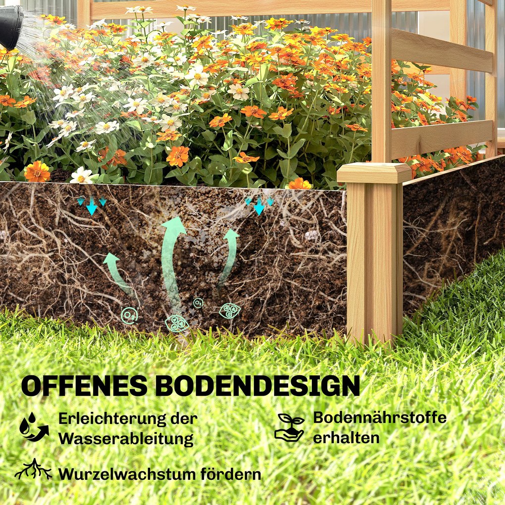 Outsunny vyvýšený dřevěný truhlík s 3 mřížemi, dvojitý záhon a otevřené dno — 240 x 125 x 102 cm — přírodní borovice