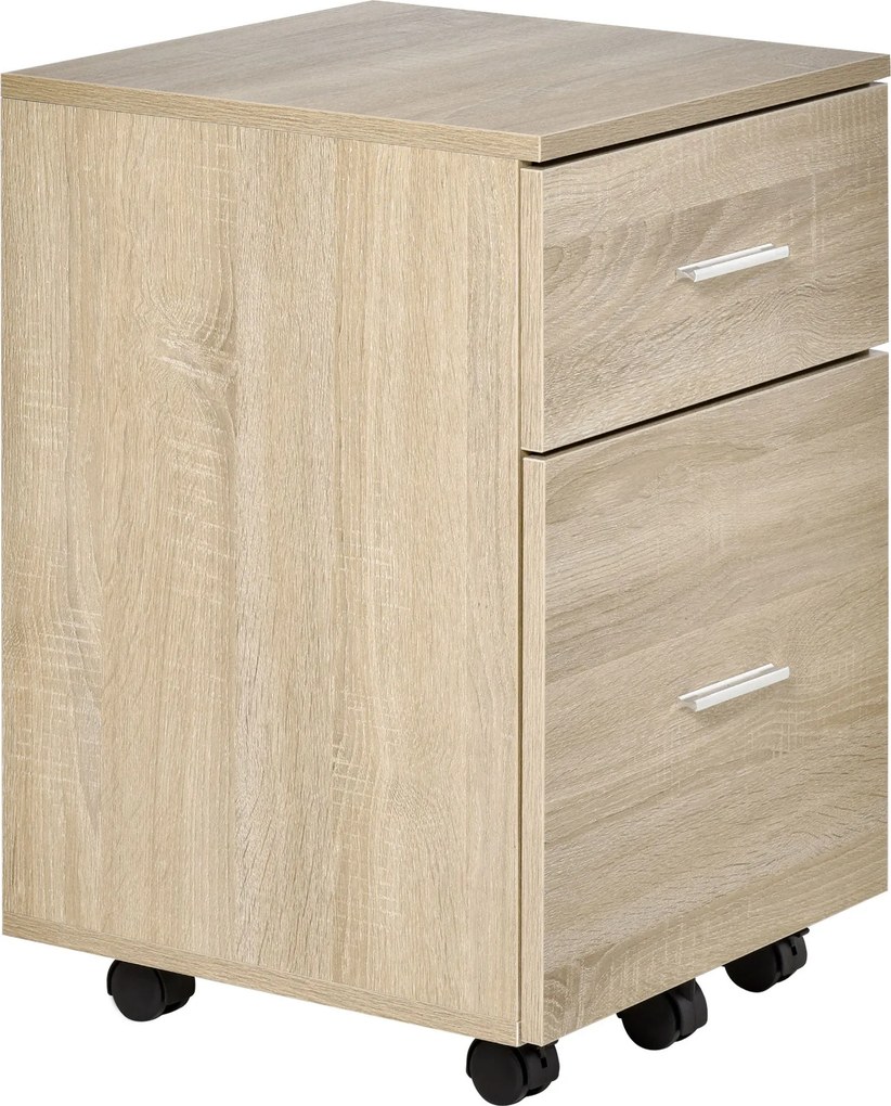 Vinsetto Mobilní kancelářský podstavec skříňka na ukládání s 2 zásuvkami a 5 kolečky, Dřevotříska, 39,5 x 39 x 58,5 cm, Dub