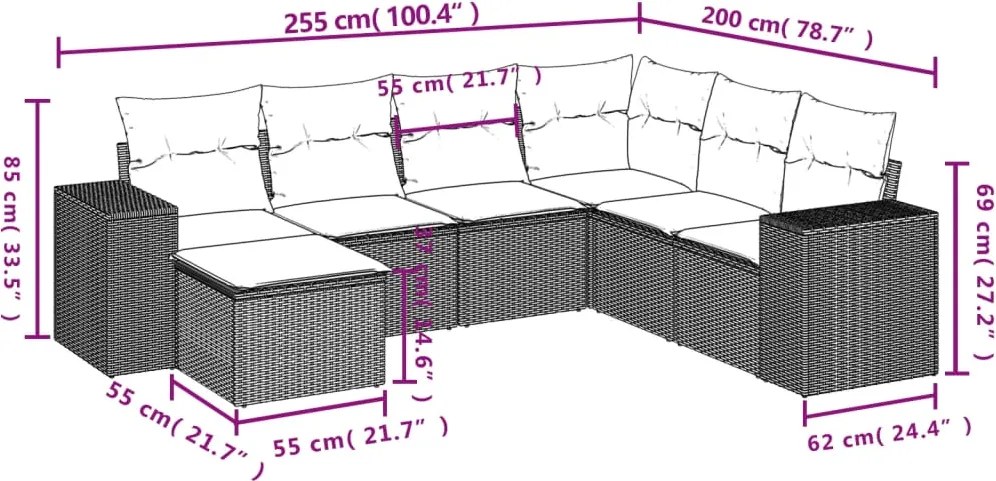 7dílná zahradní sedací souprava s poduškami černá polyratan 3255233