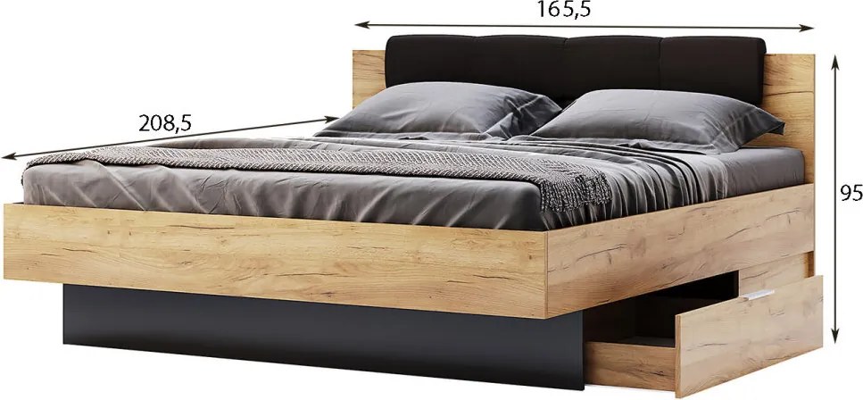 Postel 160x200, čalouněné čelo se šuplíky (bez rámu) Lava / dub kraft Luna