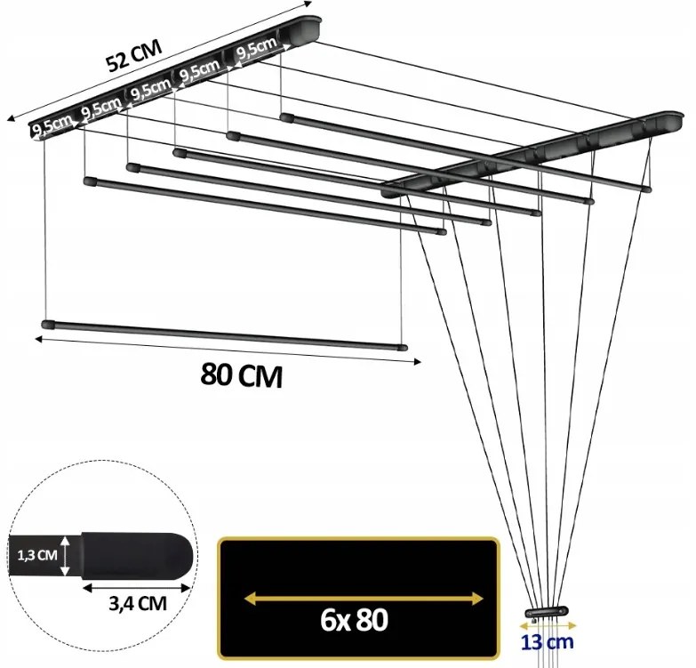 Erga Erga, stropní věšák na sušení prádla 6x80 cm, černá, ERG-SEP-10SUSSU6PCZ80