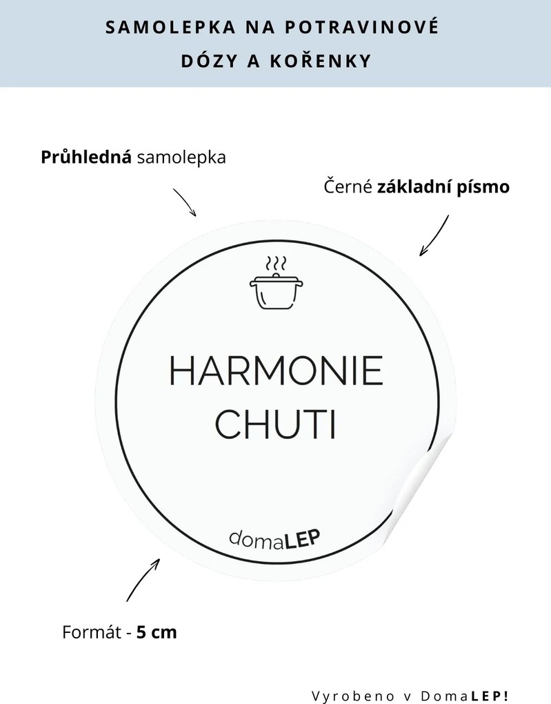 Samolepka na kořenky HARMONIE CHUTI průhledná 5 cm základní písmo