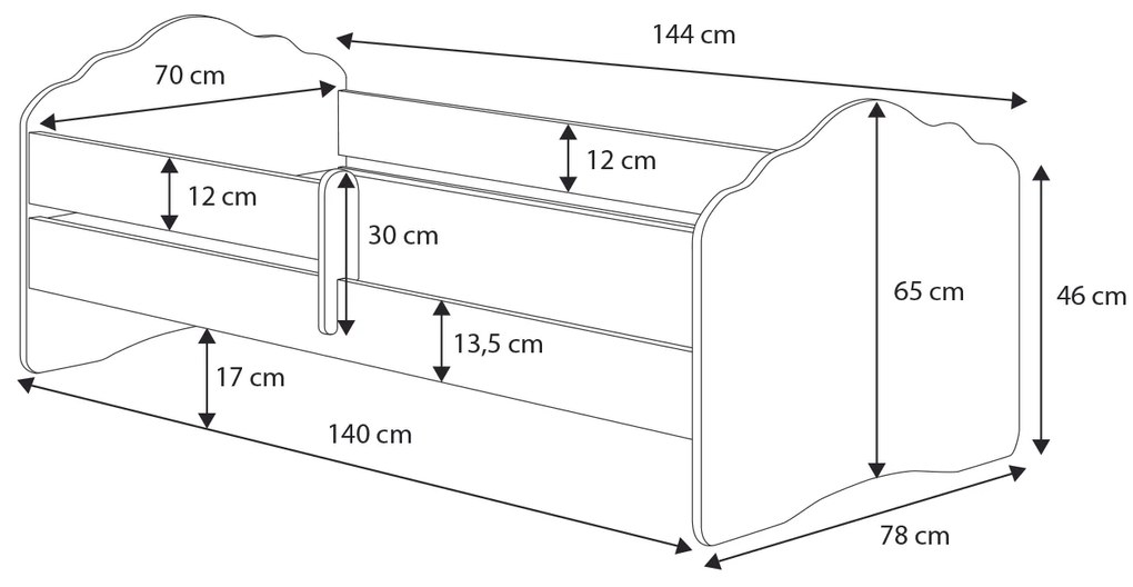 ADRK Postel CASIMO ELEPHANT, CH-Cas-Barr-Elep-140-E021, 140x70 cm se zábradlím a matrací, bílá/grafika