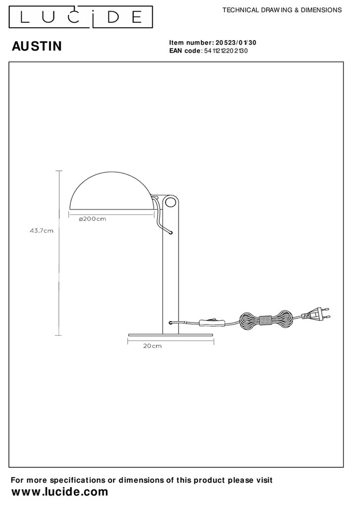 Lucide 20523/01/30 stolní lampa Austin, černá, E27, 43,7cm