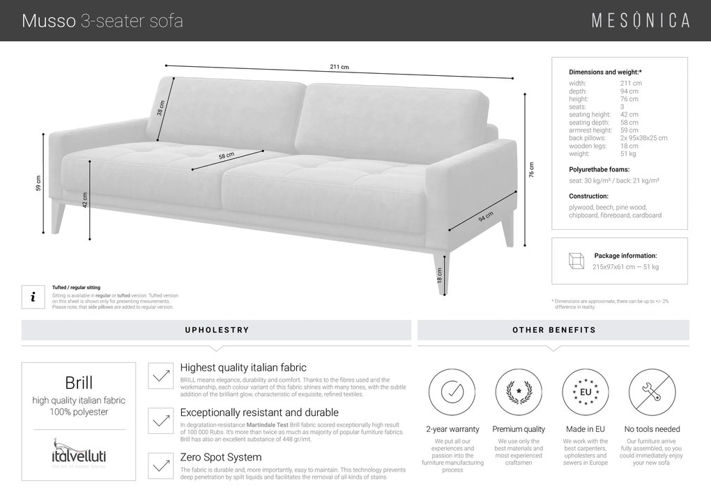 MUZZA Pohovka třímístná musso tufted 211 cm antracit