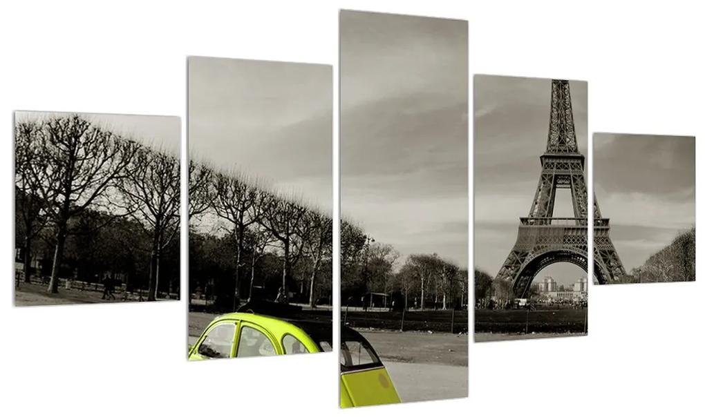 Obraz Eiffelovy věže a žlutého auta (125x70 cm)