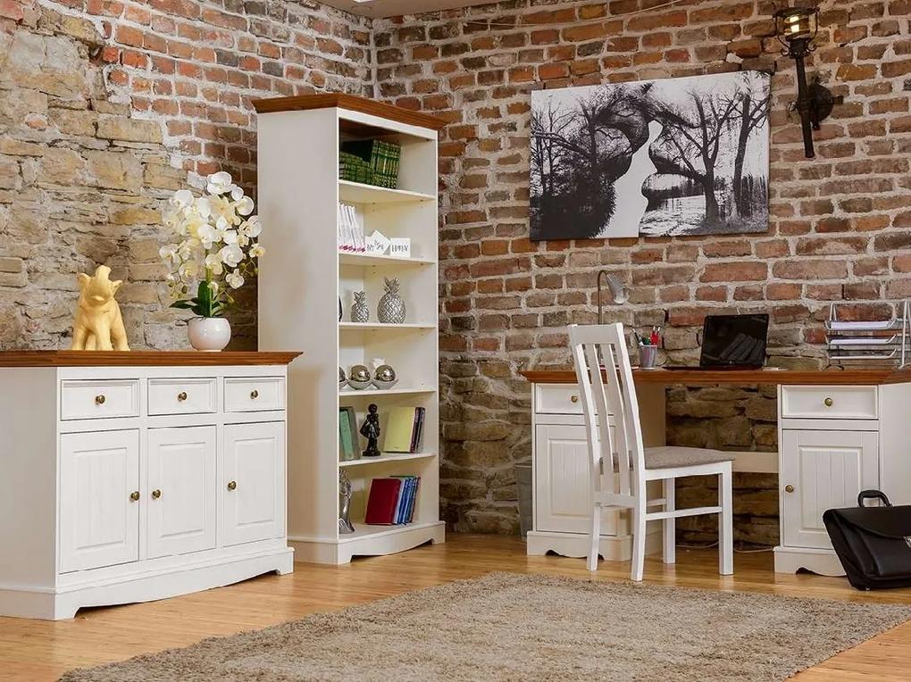 Bílý nábytek Dřevěná komoda Belluno Elegante, 3 dveřová, dekor bílá | zlatý dub, masiv, borovice