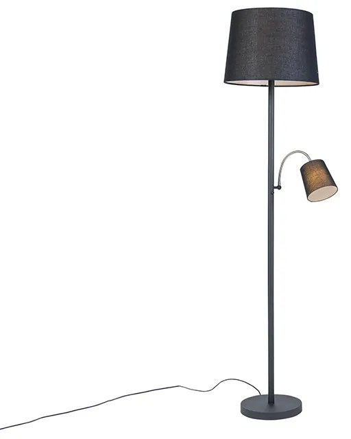 Klasická stojací lampa černá s černým odstínem a světlem na čtení - Retro