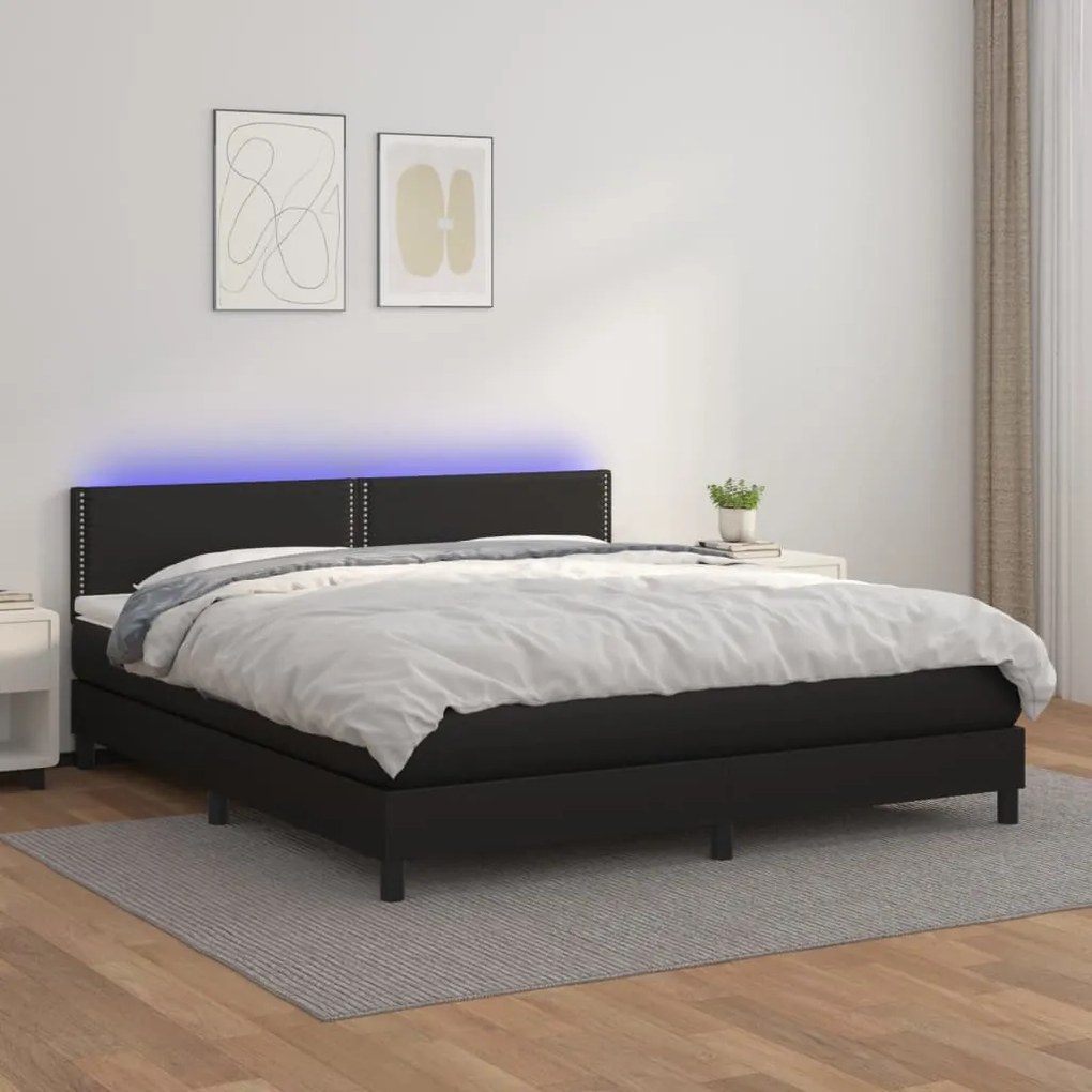 Box spring postel s matrací a LED černá 180x200 cm umělá kůže,  3134177