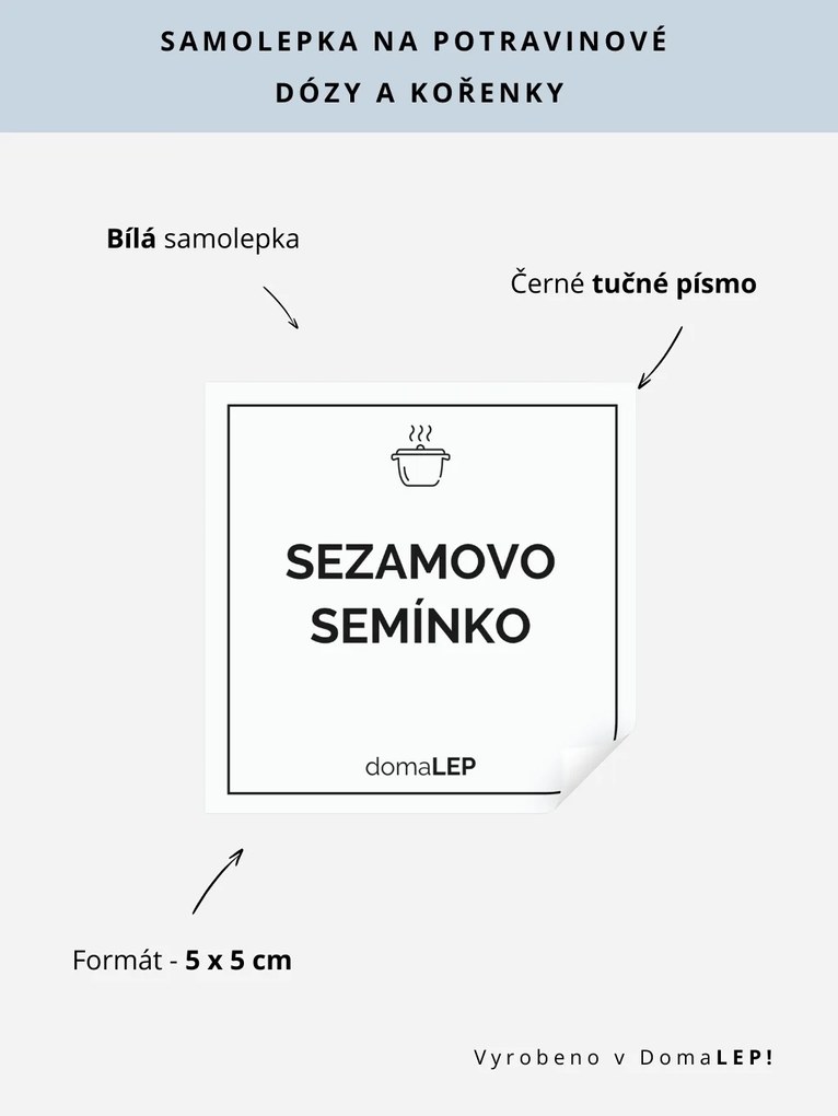 SEZAMOVO SEMÍNKO – bílá samolepka na dózu, tučné písmo, 5 x 5 cm | DomaLEP