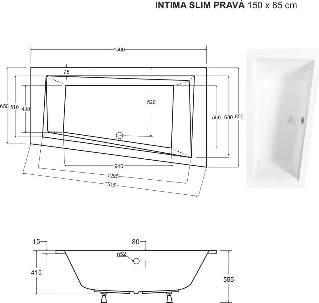 Besco INTIMA SLIM 150 x 85 cm VANINTI15SLIMP+OLVPINOZSTELI vana vč. nožiček levá