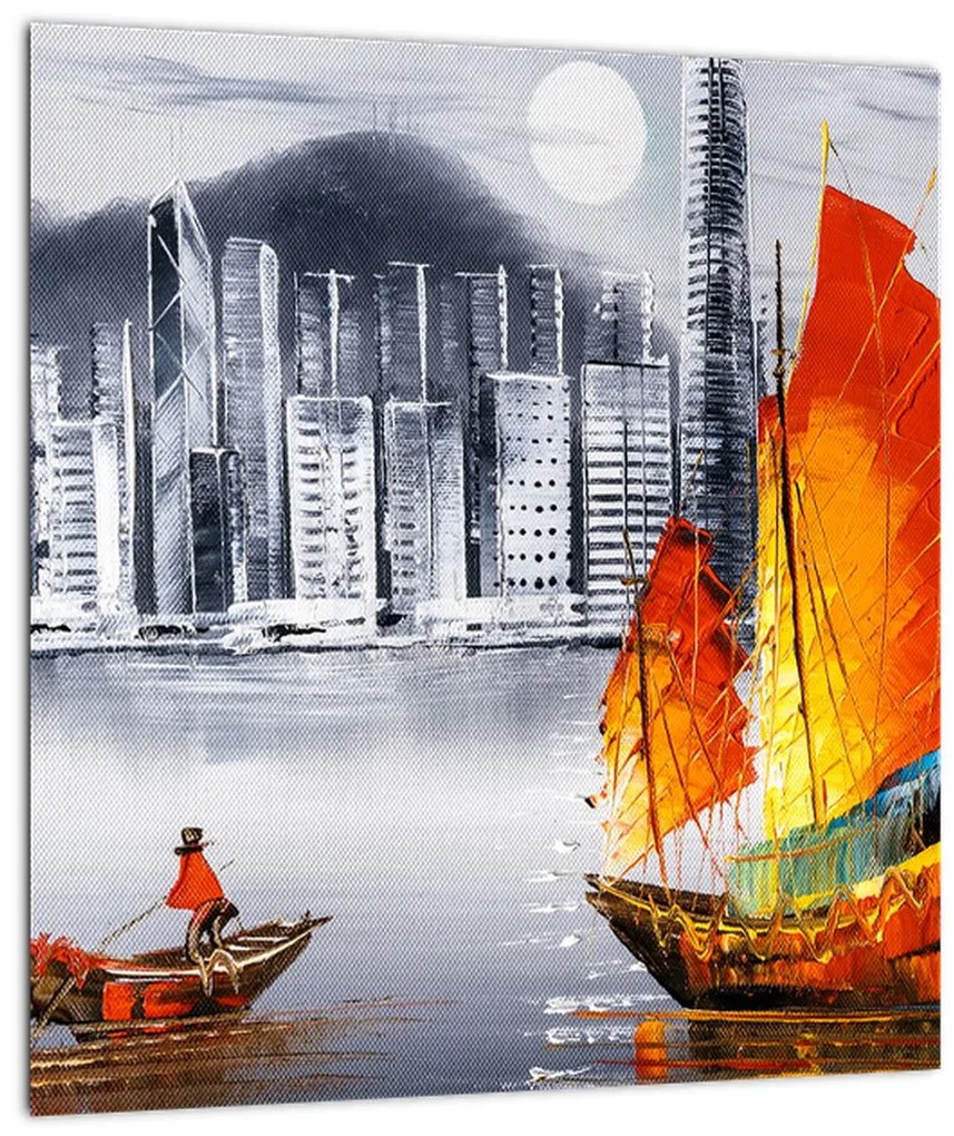 Obraz - Victoria Harbor, Hong Kong, černobílá olejomalba (30x30 cm)