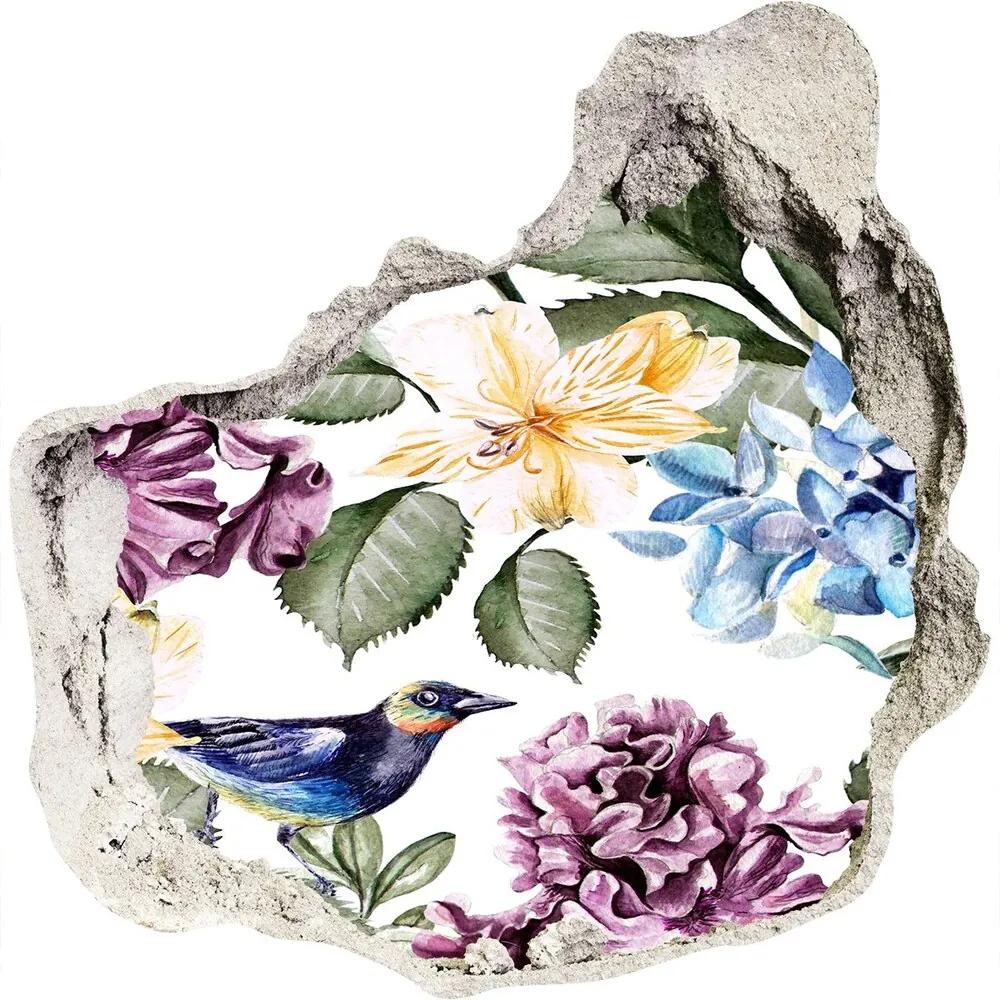 Wallmuralia Nálepka 3D díra na zeď Květiny a ptáci 75x75 cm