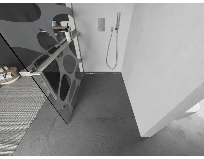 Mexen Kioto+ L, sprchová zástěna Walk-In s poličkou a věšákem 100 x 200 cm, 8mm čiré sklo bílý vzor, broušená ocel profil, 800-100-123-97-97