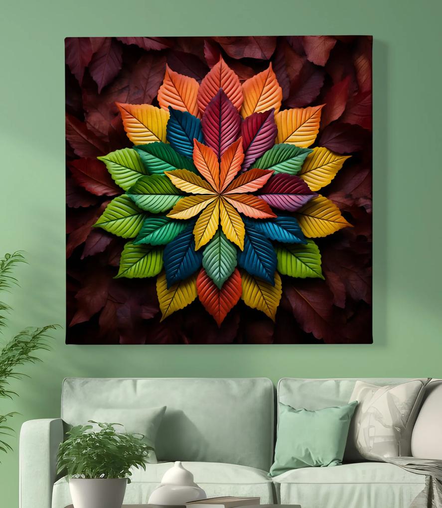 Obraz na plátně - Mandala barevné listy, žluto oranžový střed FeelHappy.cz Velikost obrazu: 80 x 80 cm