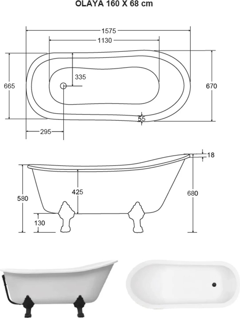 Besco Olaya vana volně stojící 160 x 68 cm nožičky černá barva stříbrná VANOLA160BG2 Koupelny Bernold