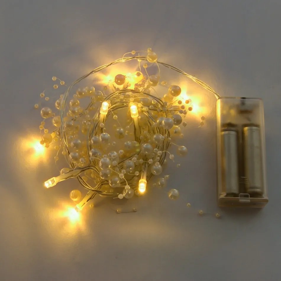 LED světýlka na baterie, bílé perly, 1,3 m, teple bílá, 10 diod, čirý kabel, IP20 interiér, 2,× AA