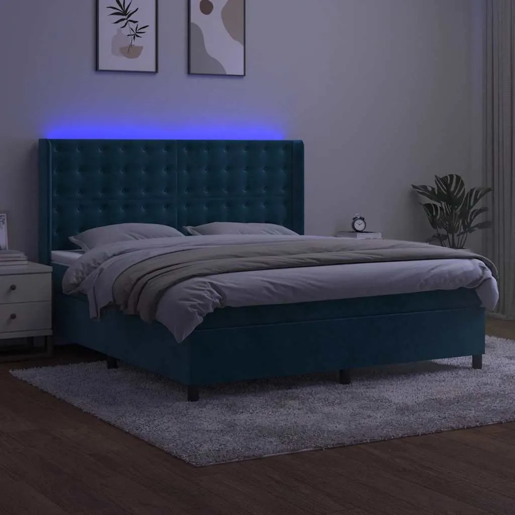 Box spring postel s matrací a LED tmavě modrá 160x200 cm samet 3139815