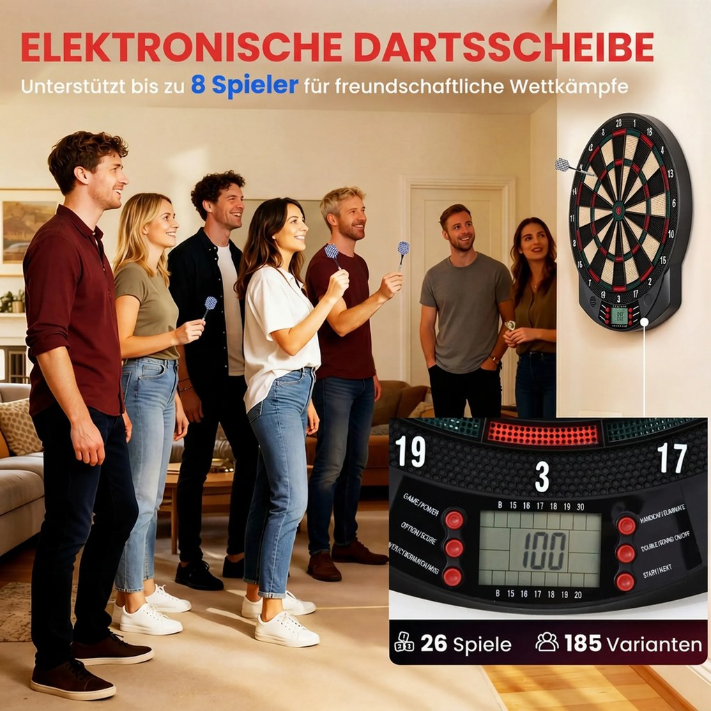 HOMCOM Elektronický šipkový terč, sada 6 šipek, 30 šipkových hlaviček, 26 her, 185 možností zásahů, pro 8 hráčů, vícebarevný