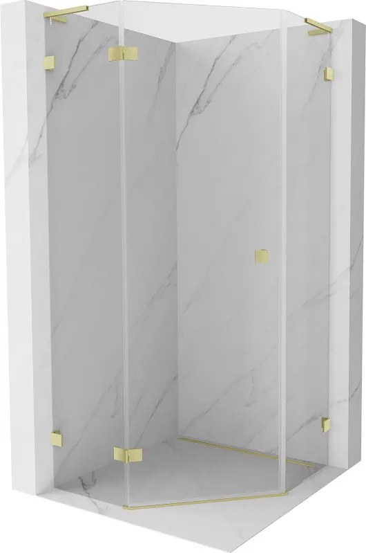 Mexen Lunar, L pětiúhelníkový sprchový kout naklápěcí doleva 90 x 90 cm, 8mm čiré sklo, zlatý matný profil, 831L-090L-090P-55-00-L