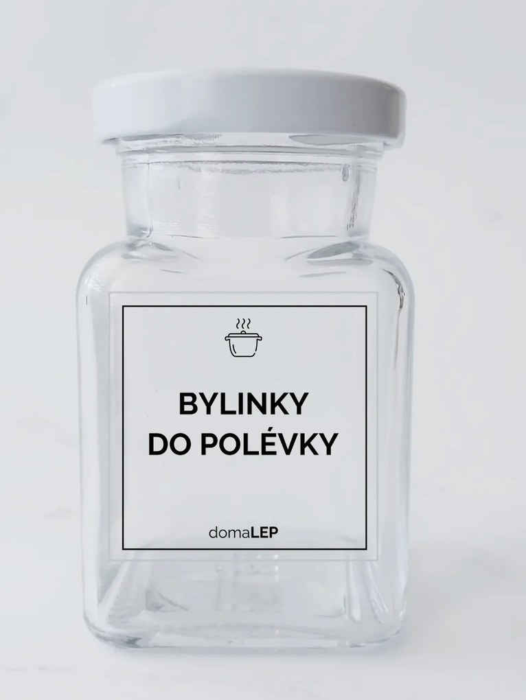 Samolepka na kořenky BYLINKY DO POLÉVKY průhledná 5 × 5 cm tučné písmo