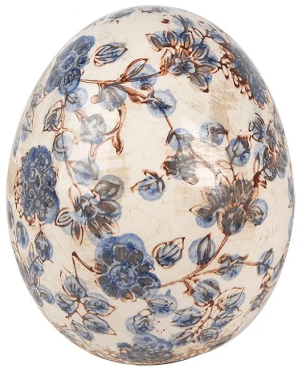 Dekorace keramické vajíčko s modro-hnědým květinovým vzorem L – 14x16 cm