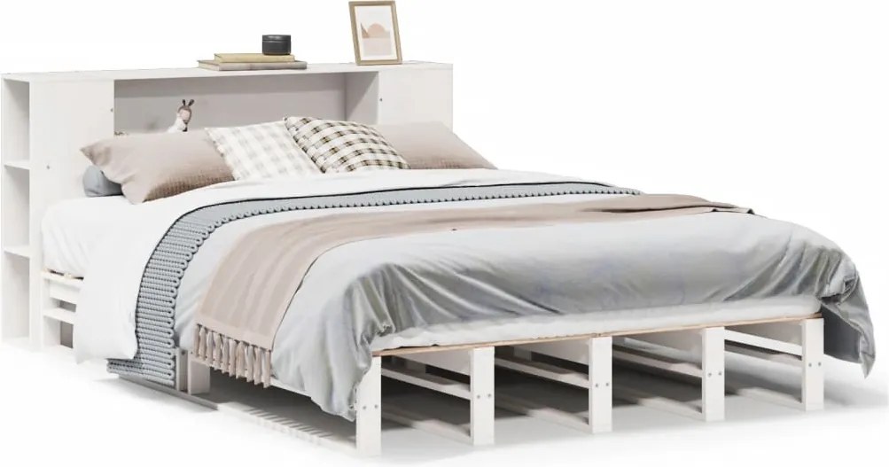 Postel s knihovnou bez matrace bílá 135 x 190 cm masivní dřevo 3323894