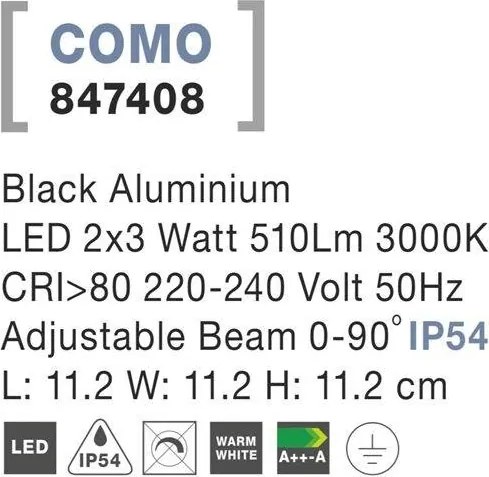 NV 847408 Venkovní nástěnné svítidlo COMO černý hliník LED 2x3W 3000K 220-240V nastavitelný úhel 0-90st. IP54 - NOVA LUCE
