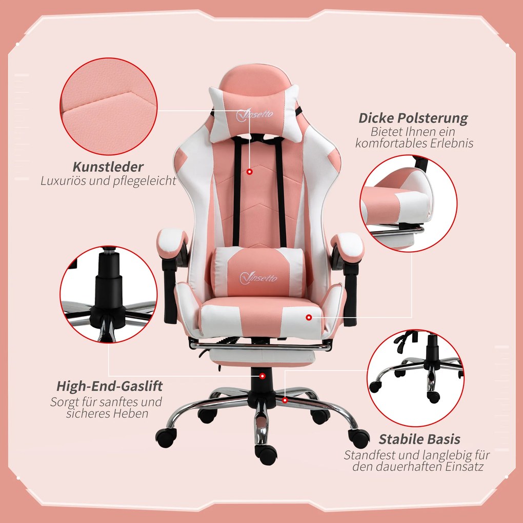 Herní židle Vinsetto židle k počítači ergonomická kancelářská židle s bederní opěrkou hlavy výškově nastavitelná 360° otočná růžová+bílá