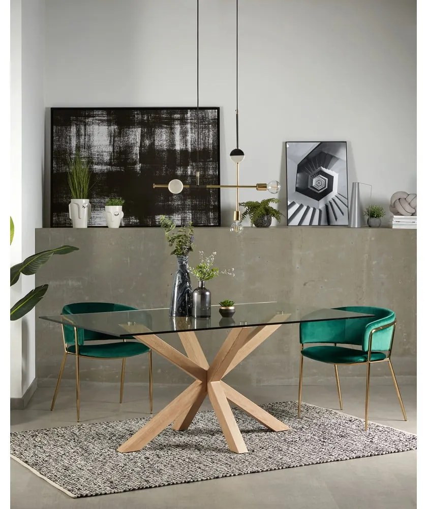 Skleněný jídelní stůl s přírodním podnožím Kave Home, 160 x 90 cm