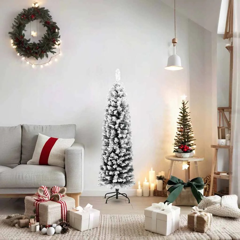 Úzký umělý vánoční stromek zasněžený zelený 150 cm PVC 320953