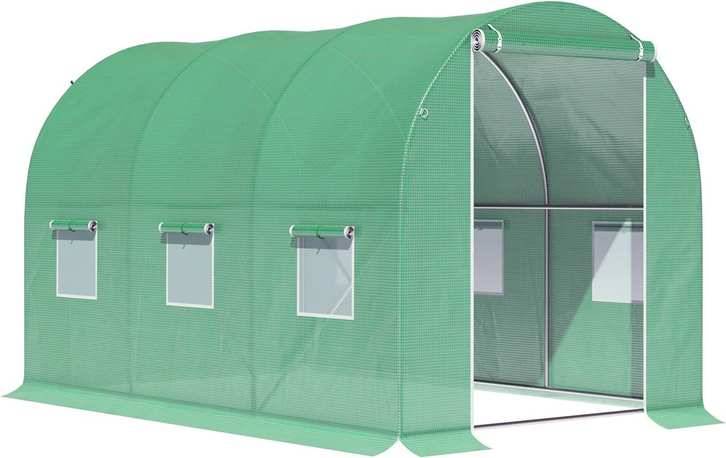 Zahradní tunelový skleník Outsunny s plochou 6m², 3D x 2Š x 2V m, zpevněný tubulární rám, zipová vrata a 6 oken s možností rolování Zelená | Aosom