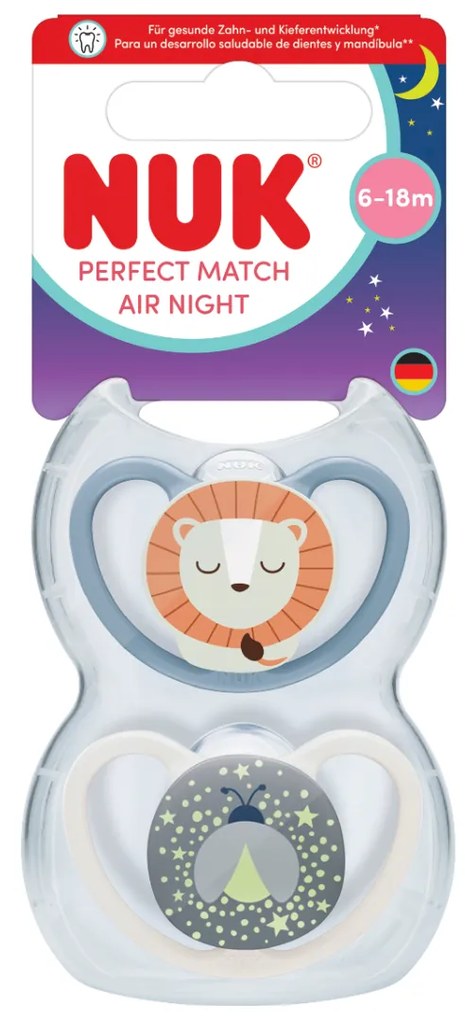NUK Dudlík Perfect Match Air Night 6-18 m 2 ks v boxu Firefly/lion