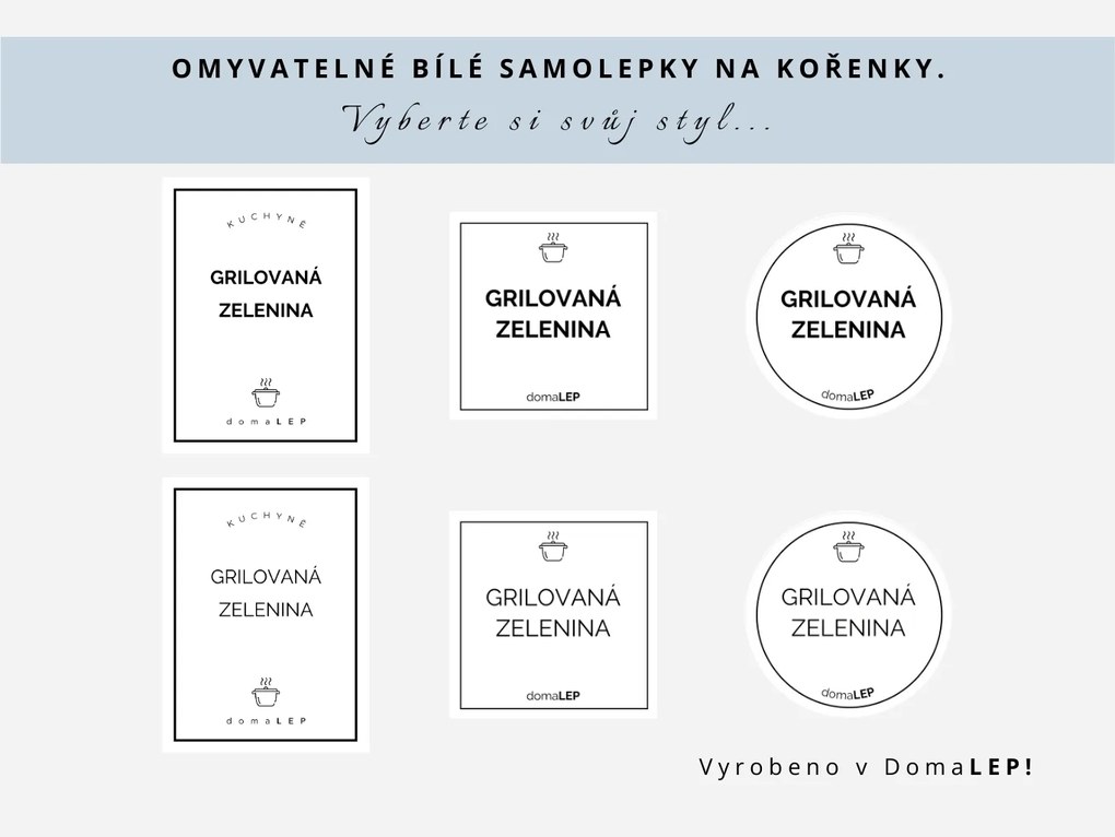 GRILOVANÁ ZELENINA - omyvatelná samolepka na kořenky, výběr rozměrů Ø 5 cm / 5 x 5 cm / 6 x 8 cm | DomaLEP tvar: ČTVEREC, barva: BÍLÁ - ČERNÉ písmo, velikost: š. 5 cm x v. 5 cm - tučné písmo