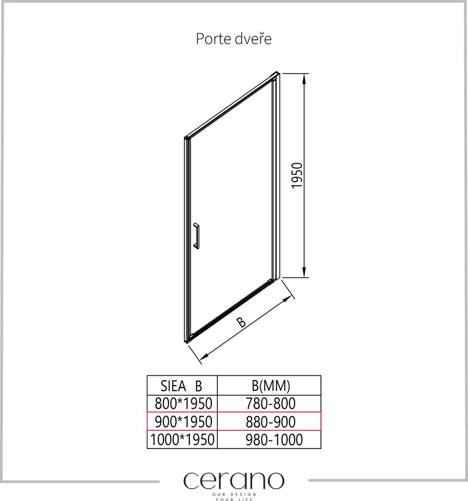 Cerano Porte, 1-křídlé sprchové dveře 90x195 cm, 8mm čiré sklo, černý profil, CER-CER-413492