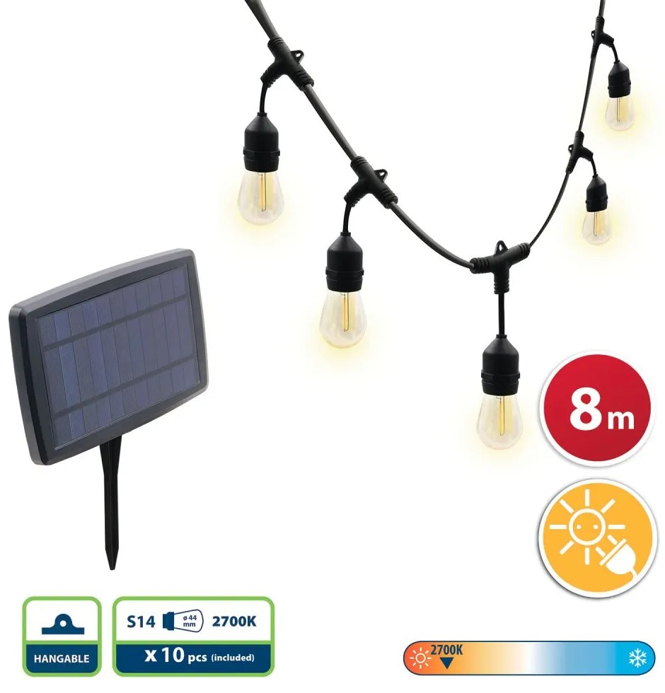 VELAMP LED světelný řetěz PS070S se solárním nabíjením, 8m