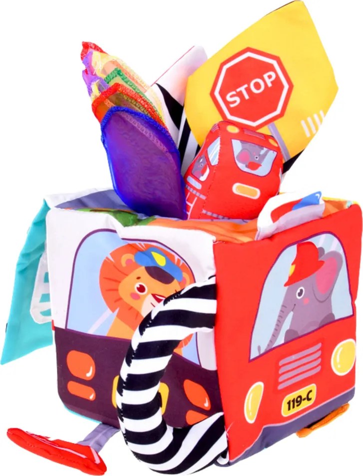 LEAN Toys Měkká senzorická kostka se zrcátkem autíčka a dopravní značky pro miminka