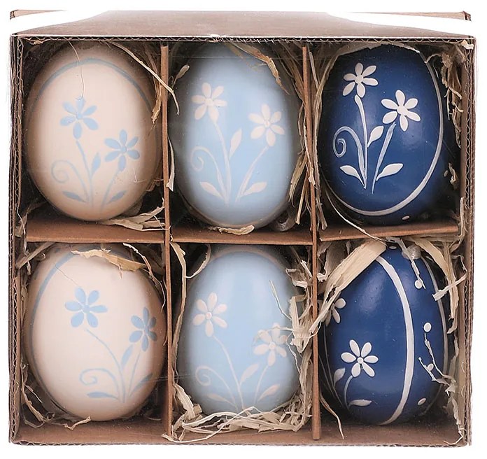 Kraslice z pravých vajíček, modro-bílá varianta. Cena za 6 ks v krabičce VEL6022