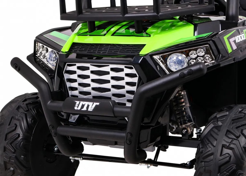 Ramiz Elektrická terénní bugina UTV pro děti zelená + dálkové ovládání + zavazadlový prostor + pomalý start + EVA kola + MP3 LED
