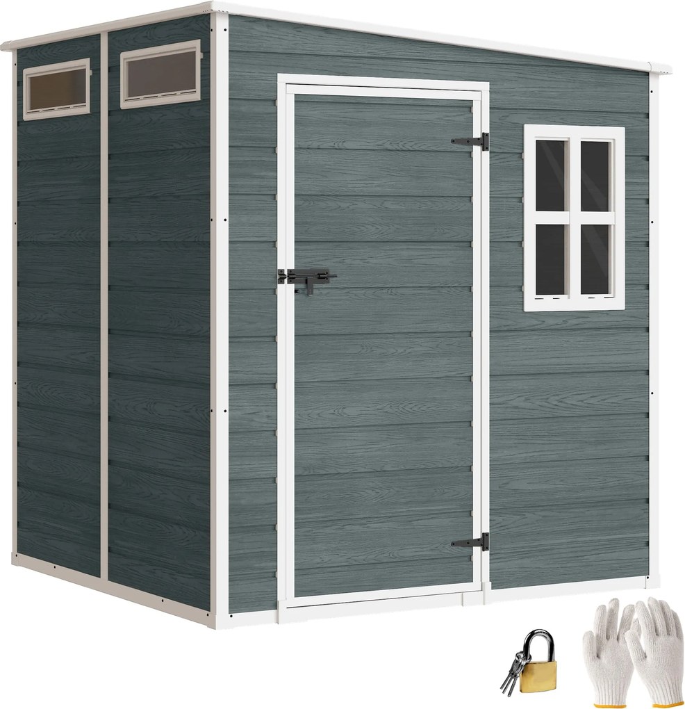 Outsunny zahradní kůlna 183 × 183 cm, patinovaná šedá, s podlahou, panely ve vzhledu dřeva, zamykatelnými dveřmi a okny | Aosom
