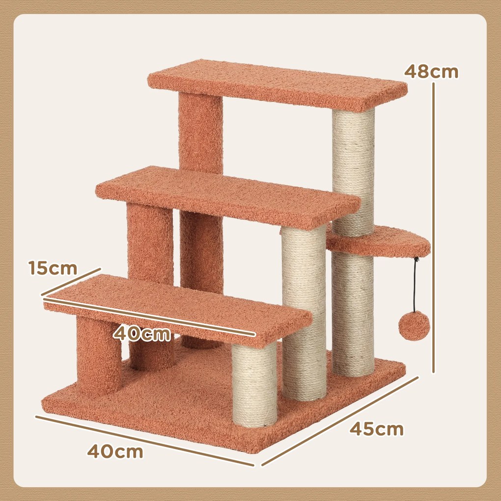 PawHut kočičí schody schody pro psy a kočky 3 stupně se škrabadly hrací míč plyšový hnědý 45x40x48cm pro větší pohodlí | Aosom.de