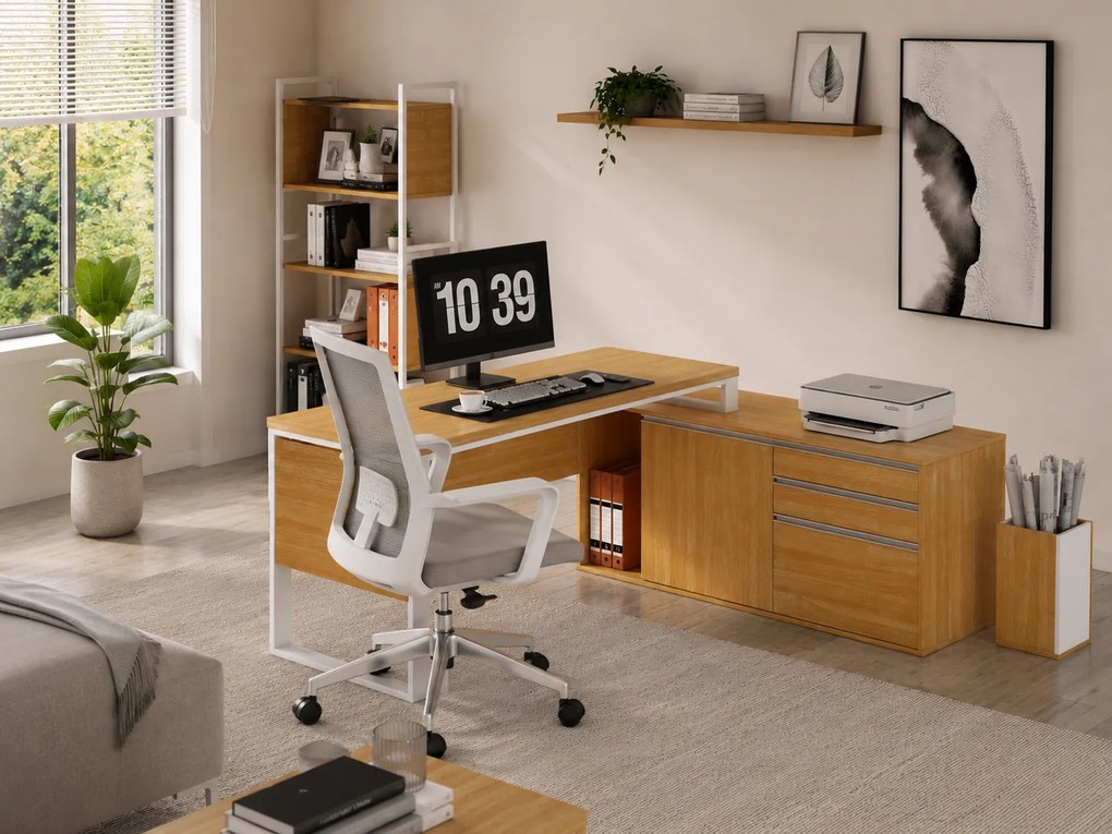 Rohový kancelářský stůl s komodou Houseland Nuvia Home 04 194 cm dub/bílý