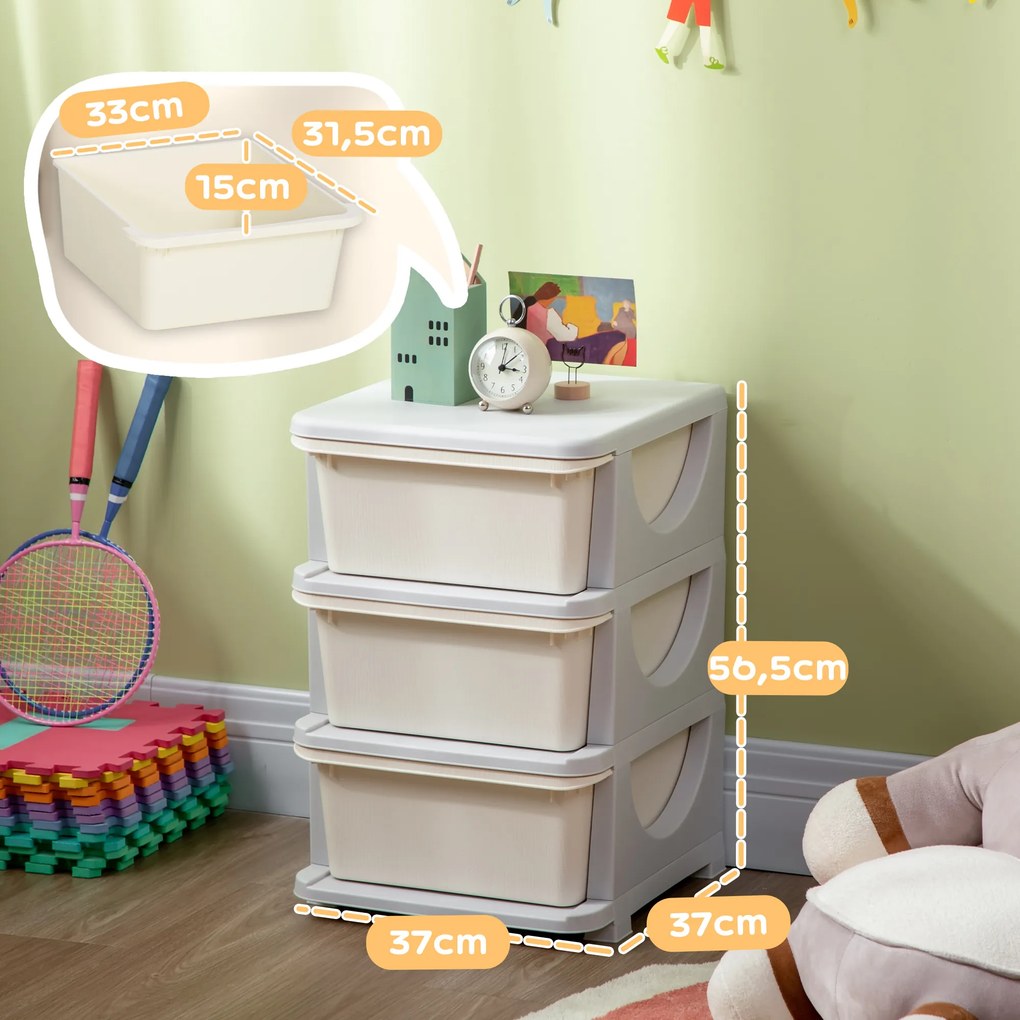 HOMCOM Úložné boxy pro děti, 3 velké zásuvky, oblé hrany, plast, 37x37x56,5 cm, krémově bílá